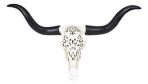 ebros 27.5" wide southwest rustic off white steer bison buffalo bull cow horned skull head with scroll lace filigree design hanging wall mount decor native animal totem bust skulls western accent