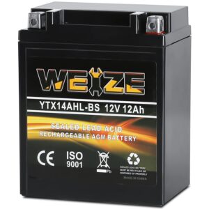 weize ytx14ahl-bs high performance - rechargeable - sealed motorcycle battery compatible with polaris scrambler, sportsman 90, honda scooters nq50 spree,kawasaki 110 klx110 blue