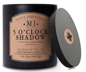 manly indulgence 5 o'clock shadow scented candle for men 16.5 oz | 2 wick & 2x intense fragrance | oakmoss, musk & fresh air | up to 60 hour burn, soy blend wax, usa poured, black