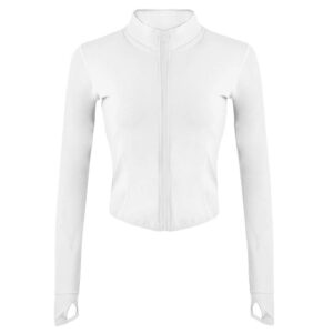 gihuo women's athletic full zip lightweight workout jacket cropped gym yoga track jacket with thumb holes (white, medium)