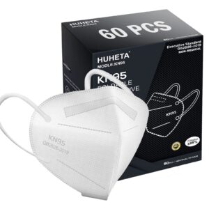 huheta kn95 face mask 60 pack, 5-ply breathable & comfortable safety mask, filter efficiency>=95%, protective cup dust masks against pm2.5 - individually wrapped (white mask)