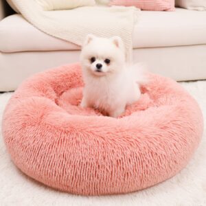 wayimpress calming dog bed for small dog&cat,comfy self warming round dog bed with fluffy faux fur for anti anxiety and cozy (20 x 20 inch, pink)