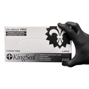 kingseal 100 count ultrablack-pro nitrile medical grade exam gloves, black, professional grade 5 mil, size x-large textured, tattoo, automotive, plumbing, cleaning - 100 gloves