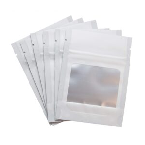 hanser | smell proof odorless mylar resealable foil pouch bags with clear window | stand up bottom | airtight | matte white | 100 pieces | 3x4 inches