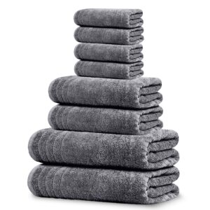 tens towels pack of 8 towels set, 2 extra large bath, 2 hand, 4 washcloths, 100% cotton, lighter weight, quicker to dry, super absorbent, perfect for bathroom, dark grey