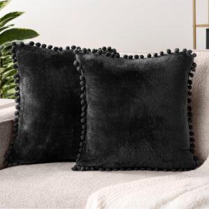 pavilia black throw pillow covers with pom pom 18x18 set of 2, decorative pillow cases for bedroom aesthetic, small throw pillows set for bed, velvet euro plush cushion covers for sofa couch