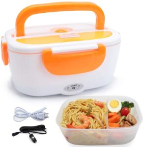 vigind electric lunch box 2 in 1, portable food warmer heating,food-grade container, 12v 110v 40w adapter, car truck home work use, spoon and 2 compartments included (orange)