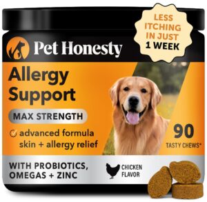 pet honesty dog allergy itch relief - maximum strength itch supplement with probiotics for dogs - immune support & skin relief for seasonal allergies - natural itchy skin paw relief - (chicken, 90 ct)