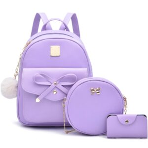 i ihayner girls bowknot 3-pieces fahsion leather backpack backpack purse for women rucksack for ladies shoulder bag purple