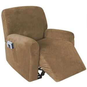 4 pieces stretch velvet recliner chair covers, thick & soft lazy boy recliner slipcover for home theater seating with side pocket