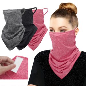 moko scarf mask bandana with ear loops 3 pack, neck gaiter balaclava with filter pocket uv sun protection face mask for dust wind motorcycle cycle bandana headband for women men, magenta/black/gray