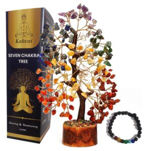 kuhvai seven chakra tree of life, crystal tree for positive energy, 7 chakra tree, feng shui tree, stone decor natural artificial tree, spiritual gift decorations gemstone tree, free 7 chakra bracelet