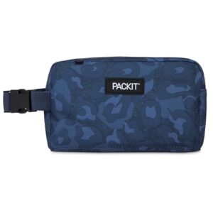 packit freezable snack box, heather leopard navy, built with ecofreeze technology, collapsible, reusable, zip closure with buckle handle, fresh snacks on the go