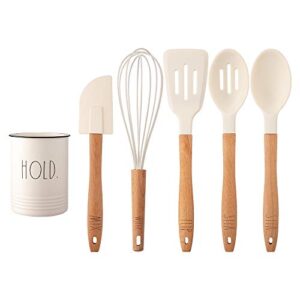 rae dunn everyday collection 5 piece silicone kitchen utensil set with canister holder- kitchen tools with beechwood handles (white)