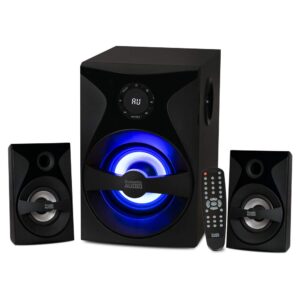 acoustic audio by goldwood bluetooth 2.1 surround sound system with led light display, fm tuner, usb/sd card inputs - multimedia pc speaker set with subwoofer, includes remote control - aa2400 black