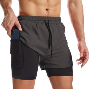 surenow mens 2 in 1 running shorts quick dry athletic shorts with liner, workout shorts with zip pockets and towel loop dark grey