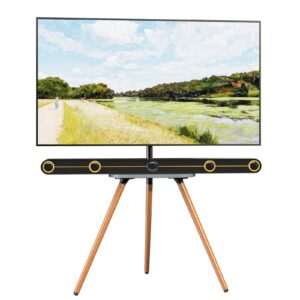 putorsen easel tv-stand for 43-65-inch screens - portable swivel tripod tv stand with wooden tray, height adjustable tv floor stand, max load 77 lbs, max vesa 400x400 mm, black