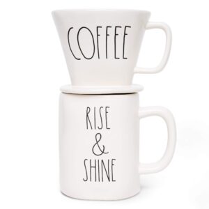 rae dunn coffee drip & mug set - coffee drip cone with large coffee mug - rise & shine - gift for coffee lovers