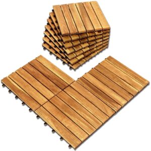 deck tile (pack of 10, 12"x12") hardwood deck tile, interlocking patio tile in solid acacia wooden oiled finish waterproof all weather perfect for indoor outdoor 6 slat (acacia wood- 10 pcs, 6 slat)