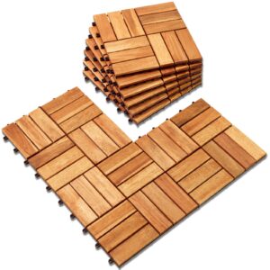 acacia deck tiles (pack of 10) - hardwood interlocking patio tiles, outdoor waterproof all weather