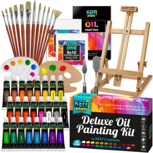 keff oil paint set for adults and kids - art supplies painting kits with 24 oil paints, stretched canvas, art easel, brushes, palette, knives and paper pad