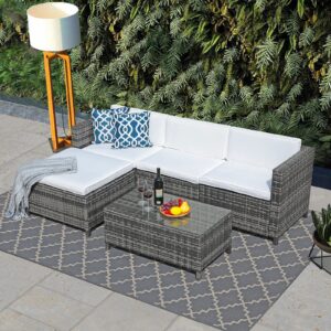 joivi patio furniture sets, 5 pieces all-weather outdoor sectional sofa grey wicker rattan patio conversation set with ottoman, washable white cushions and 2 blue pillows