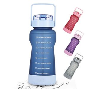 bottle bottle 64 oz gallon motivational water bottle with time marker and straw protective silicone boot workout leak-proof bottle for adults and kids half gallon water jug (blue)