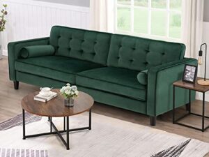 esright 84.2" velvet couch sofa with 2 bolster pillows,green office sofa mid-century couch for living room 3 seats couch for apartment