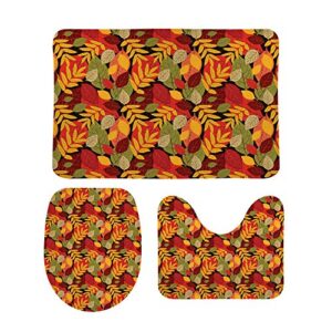 bathroom mat rug set non slip including u-shaped contour mat toilet seat cover autumn leaves red extra soft coral fleece memory foam 3 piece