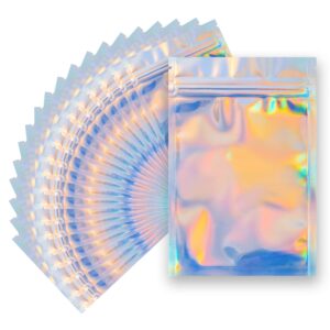 100 pieces mylar smell proof bags - 3x4 inch resealable bags, flat clear ziplock food storage bags plastic packaging for party favor food storage (holographic color, 3x4 inch)