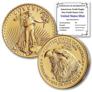 2025 1/10 oz american gold eagle coin brilliant uncirculated with a certificate of authenticity $5 bu