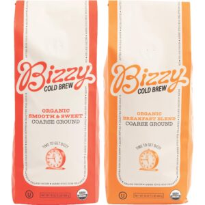 bizzy organic cold brew coffee | bundle | coarse ground coffee | smooth & sweet 1 lb + breakfast blend 1 lb | 2 pack