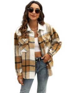 uaneo womens plaid shacket button down wool blend fall flannel shirt jacket (khaki-l)