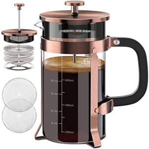 quqiyso french press coffee maker 34oz 304 stainless steel with 4 filter, heat resistant durable, easy to clean, borosilicate glass press, 100% bpa free teapot (copper)