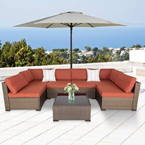 jsun7 outdoor patio furniture set, 7 pieces pe brown rattan wicker sofa set, outdoor sectional furniture conversation chair set with cushions and tea table,(maple red)