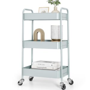 toolf 3-tier rolling cart, easy assembly metal utility cart with lockable wheels, storage craft art cart trolley organizer serving cart for office, bathroom, kitchen, kids' room, green