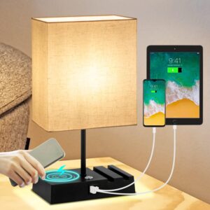 usb small table lamp with wireless charger,3 way dimmable bedside table lamp with usb port, type c port and ac outlet,nightstand lamp with touch control, fabric shade,desk lamp for living room bedroom