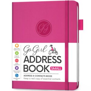 gogirl address book – telephone and address book with alphabetic tabs for safely storing contacts, small-sized (4.0″ x 5.5″) pu leather hardcover – hot pink