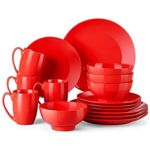 lovecasa red dinnerware sets for 4, 16 pcs porcelain dishes set, round plates and bowls sets including dinner plates, dessert plates, bowls and mugs, microwave&dishwasher safe, orangered