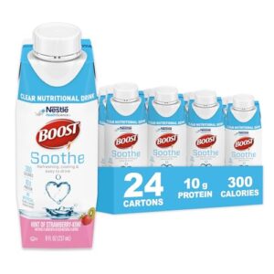 boost soothe clear nutritional drink – cooling sensation - 300 calories - 10 g protein from whey protein isolate - hint of strawberry kiwi flavor - 8 fl oz (pack of 24)