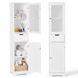 kazila bathroom storage floor cabinet, freestanding wooden storage organizer with glass shutter doors, 16 inchl x 12 inchw x 67 inchh, ivory white