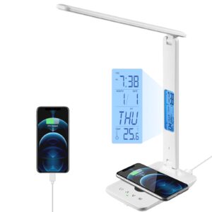 poukaran led desk lamp with wireless charger, usb charging port, office table lamp with clock, alarm, date, temperature for home office, white