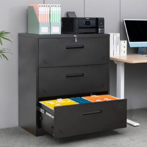 greatmeet lateral file cabinet 3 drawer,heavy duty metal lateral file cabinet with 3 drawer for letter/legal size,large storage cabinet for home office (black)