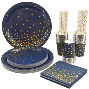 dgvr blue and gold party supplies disposable party dinnerware set 125pcs dark blue paper plates napkins cups serve 25 for graduation birthday party wedding