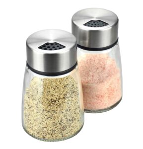 elegant salt and pepper shakers with adjustable pour holes - set of 2 - premium stainless steel and glass - perfect spice dispenser set for your delicious meals