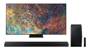 samsung qn75qn90aa 75" neo qled qn90 series 4k smart tv titan black with a samsung hw-t650 bluetooth soundbar with dolby audio wireless subwoofer (2021)