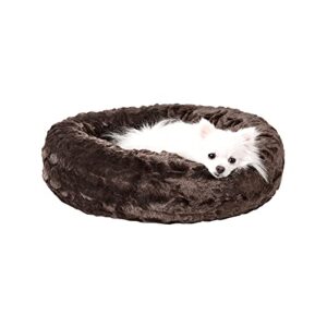 veehoo calming dog bed & cat bed, anti-anxiety small dog beds for medium dogs, washable donut round pet bed with fluffy faux fur for puppy and kitten, 23x23 inch, brown