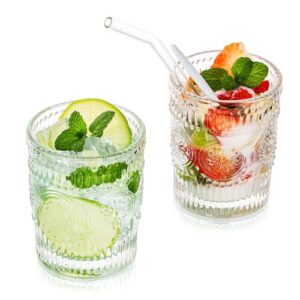 crystal water glasses set of 2, 10 oz clear glass cups for coffee, vintage glassware modern drinking glass cup, short aesthetic drinkware sets for drink juice cocktail for kitchen dining table bar