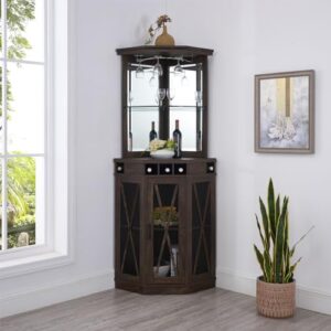 home source 73" tall corner bar unit reclaimed barnwood wine cabinet with storage, lower mesh doors, upper liquor shelf galss holder, for home bar, living room, kitchen, mini space, oak