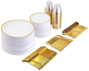 vplus 600 count gold dinnerware set, 200 plastic plates, set of 300 silverware, 100 cups, disposable gold plastic dinnerware for party or wedding